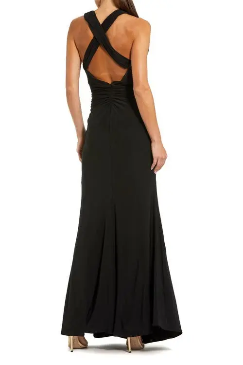Mac Duggal Jersey Halter Gown With Floral Appliqu