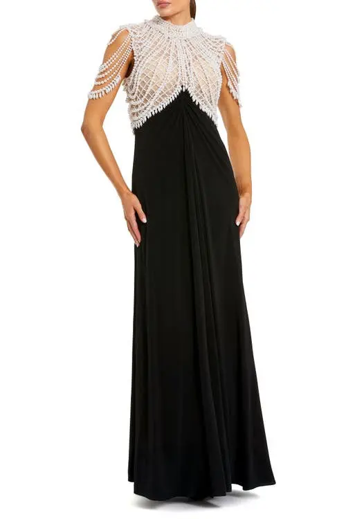 Mac Duggal Beaded High Neck Cape Sleeve Gown - Black