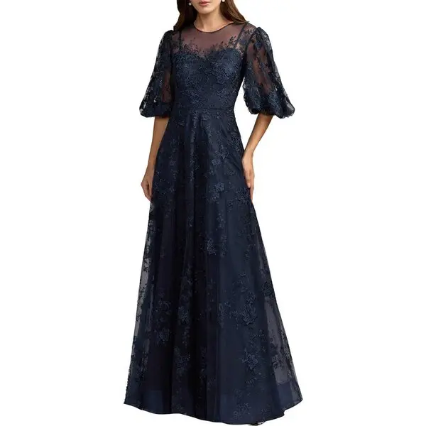 Mac Duggal Embroidered Illusion Neck Puff Sleeve A-line Gown