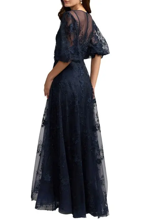 Mac Duggal Embroidered Illusion Neck Puff Sleeve A-line Gown