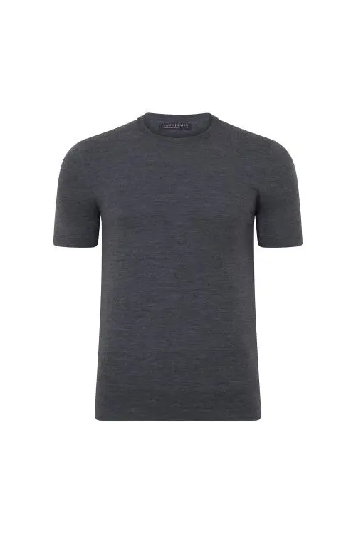 PAUL JAMES Superfine Merino Wool Knitted T-shirt - Charcoal