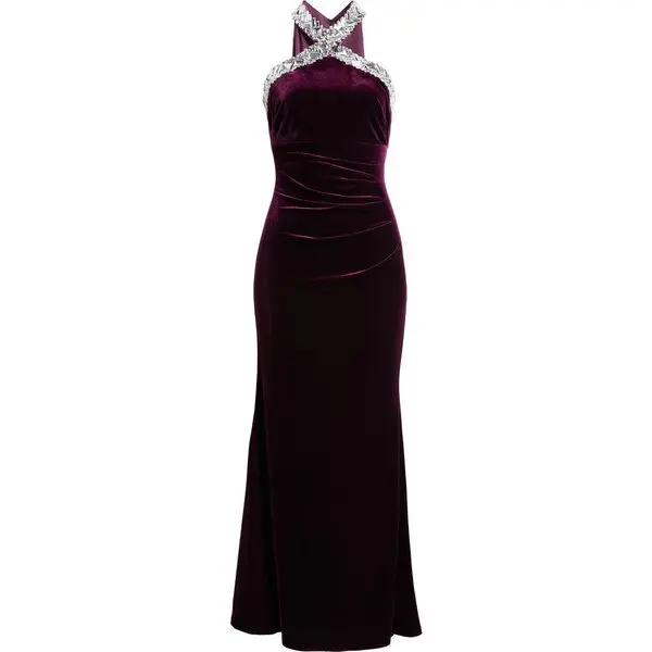 Eliza J Rhinestone Detail Velvet Sheath Gown - Plum