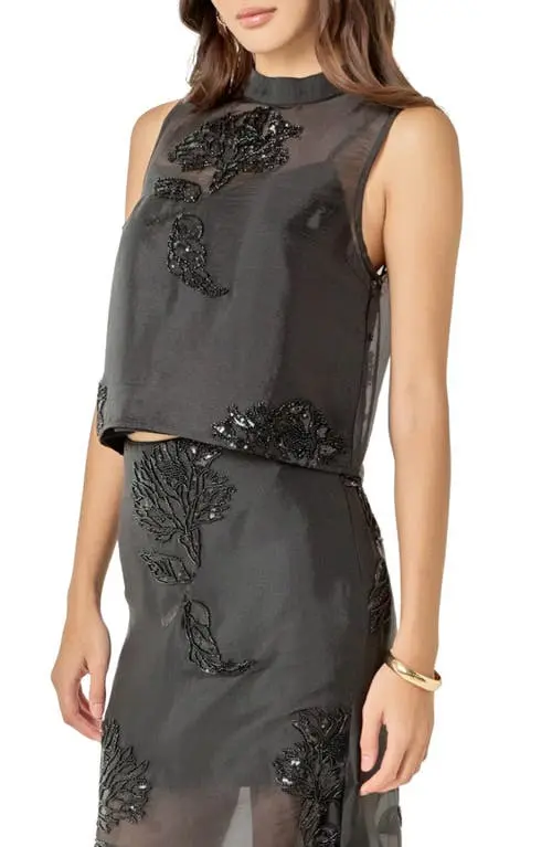 English Factory Beaded Sheer Mock Neck Top