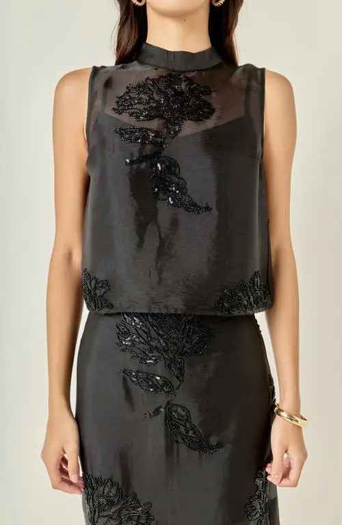 English Factory Beaded Sheer Mock Neck Top