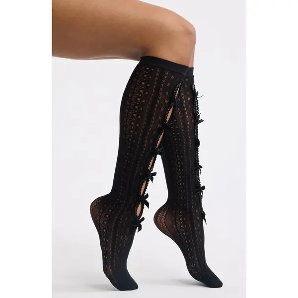 HIGH HEEL JUNGLE Peek A Bow Knee High Socks - Black