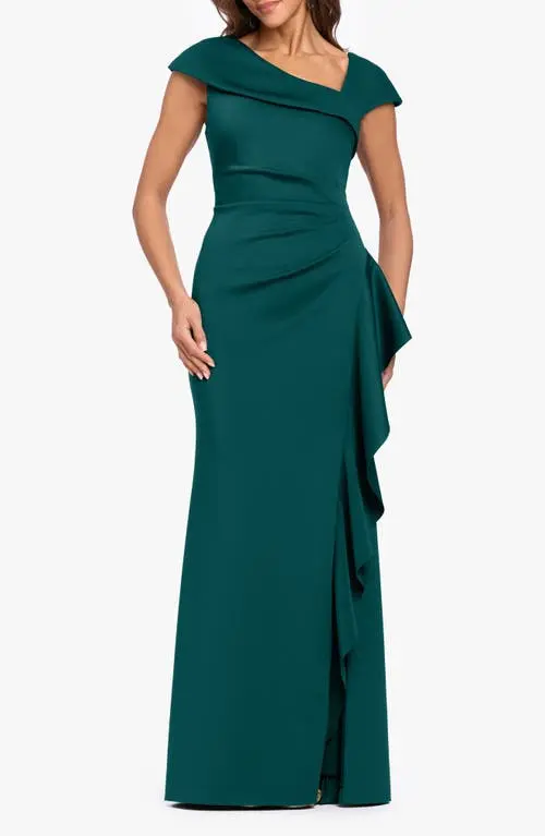 XSCAPE EVENINGS Asymmetric Neck Scuba Knit Trumpet Gown - Hunter
