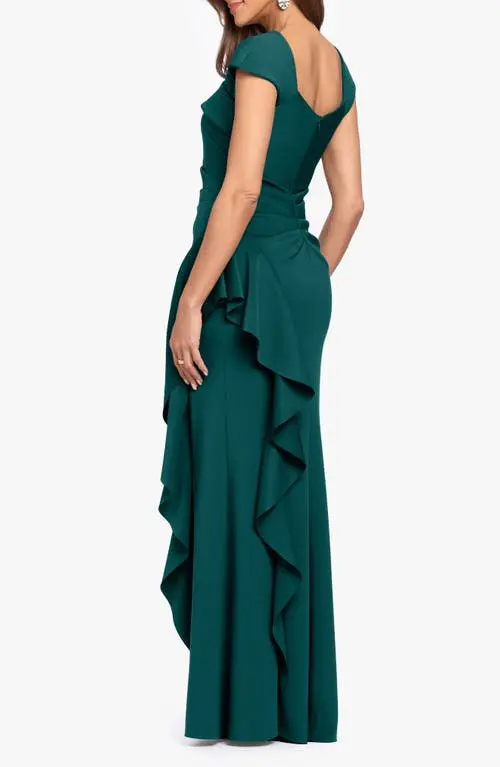 XSCAPE EVENINGS Asymmetric Neck Scuba Knit Trumpet Gown - Hunter