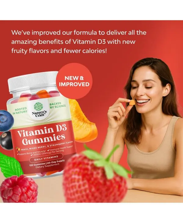 NATURE'S CRAFT Vitamin D3 Gummies Vitamin D Gummies For Adults With Vitamin D3 2000iu Per Serving Bone Muscle And Immune Support