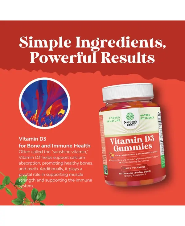 NATURE'S CRAFT Vitamin D3 Gummies Vitamin D Gummies For Adults With Vitamin D3 2000iu Per Serving Bone Muscle And Immune Support
