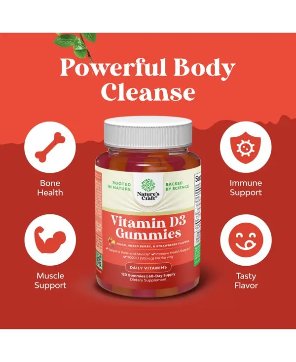NATURE'S CRAFT Vitamin D3 Gummies Vitamin D Gummies For Adults With Vitamin D3 2000iu Per Serving Bone Muscle And Immune Support