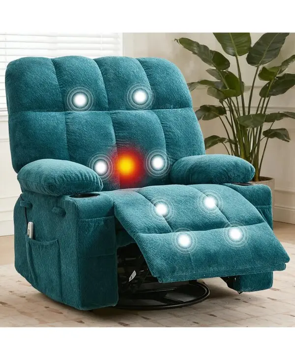 GAOMON Oversized Swivel Rocker Recliner With Heat And Massage - Blue
