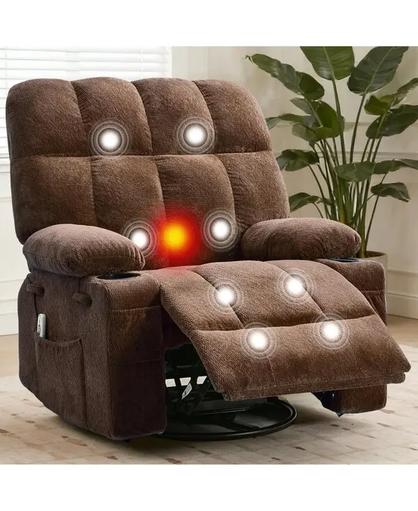 GAOMON Oversized Swivel Rocker Recliner With Heat And Massage - Brown