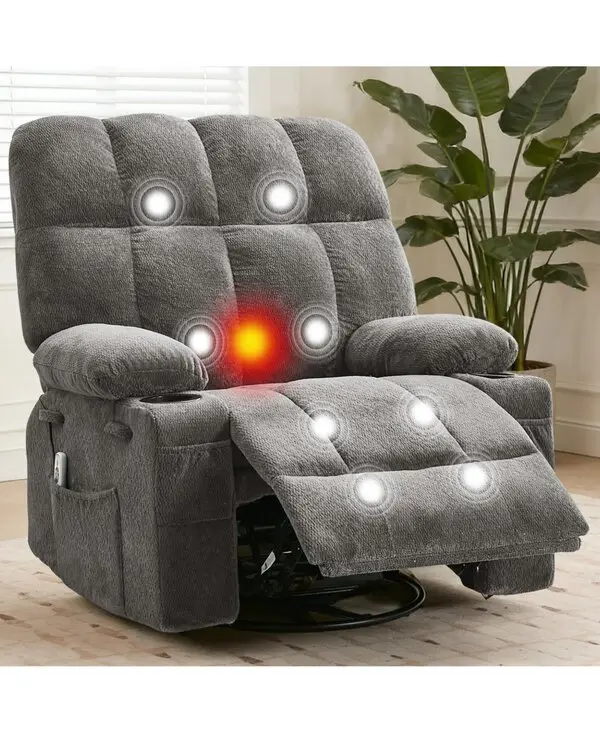 GAOMON Oversized Swivel Rocker Recliner With Heat And Massage - Grey