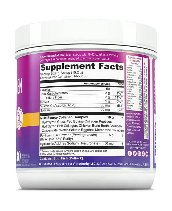 VITAUTHORITY Multi Collagen Protein Powder Plus Fiber