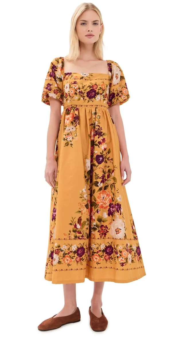 Moon River Puff Sleeve Square Neck Midi Dress
