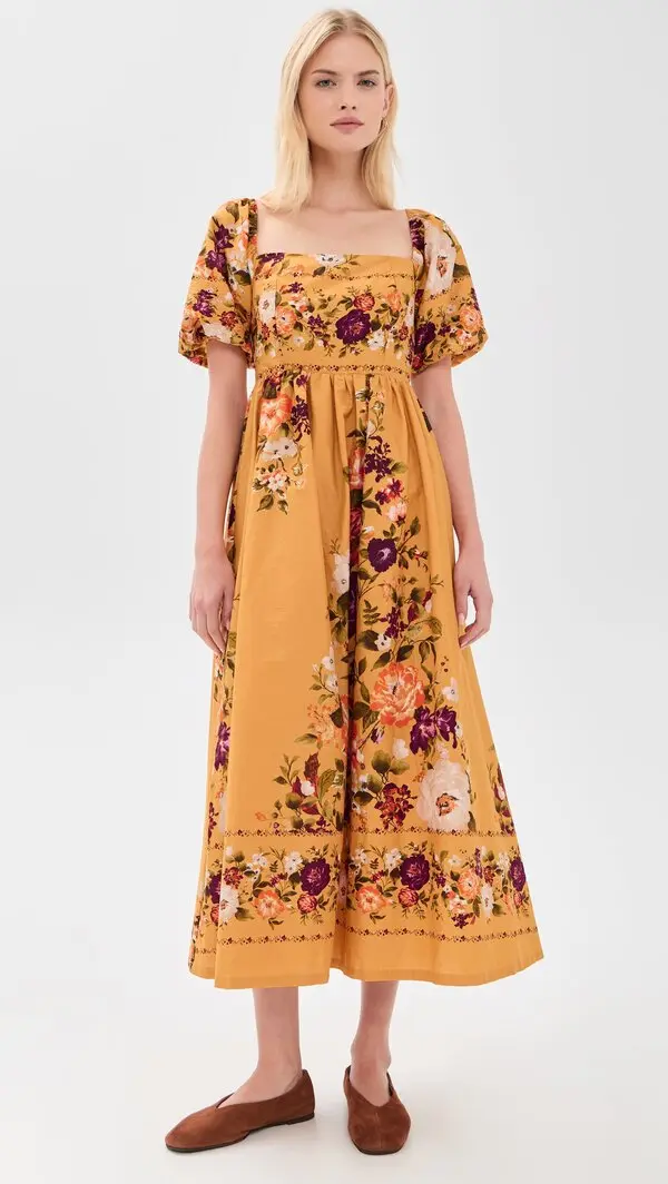 Moon River Puff Sleeve Square Neck Midi Dress