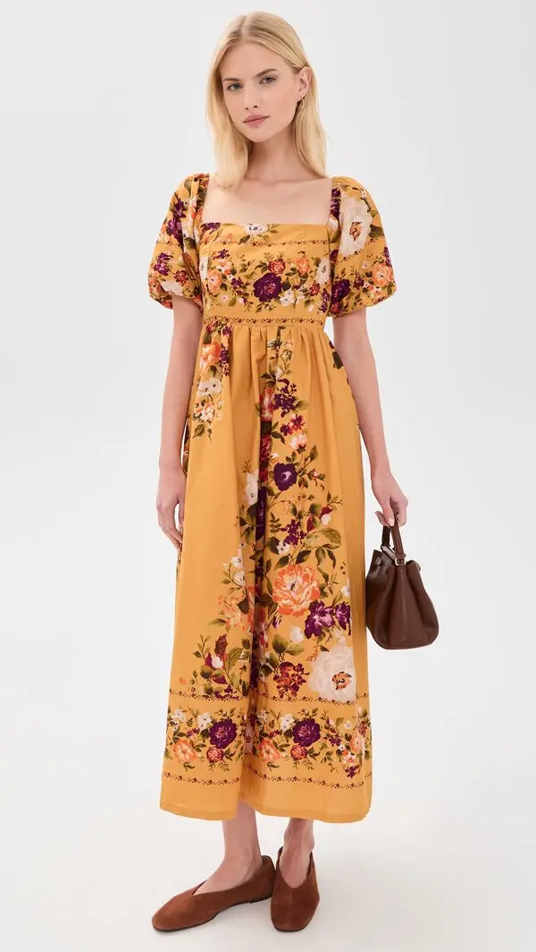 Moon River Puff Sleeve Square Neck Midi Dress