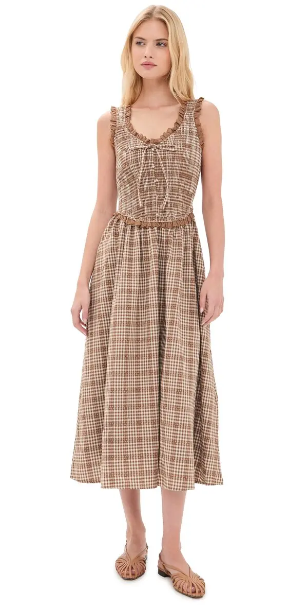 Moon River Smocked Lace Insert Midi Dress