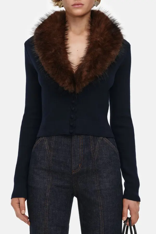 SELF-PORTRAIT Cardigan In Maglia Con Eco-pellicca - Blue