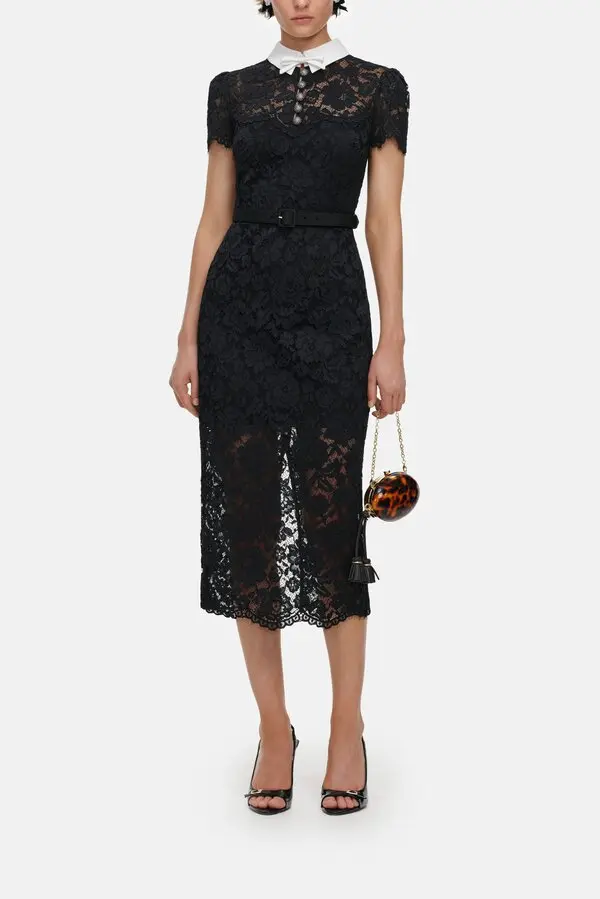 SELF-PORTRAIT Abito Midi Con Colletto In Pizzo A Contrasto - Black