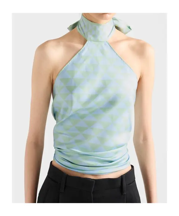 Prada Printed Silk Twill Halter Top - Green