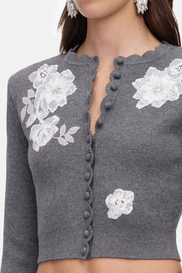SELF-PORTRAIT Cardigan In Maglia Con Motivi Floreali In Pizzo - Grey