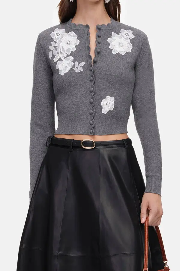 SELF-PORTRAIT Cardigan In Maglia Con Motivi Floreali In Pizzo - Grigio