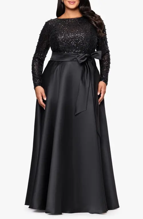XSCAPE EVENINGS Sequin Bodice Long Sleeve Gown
