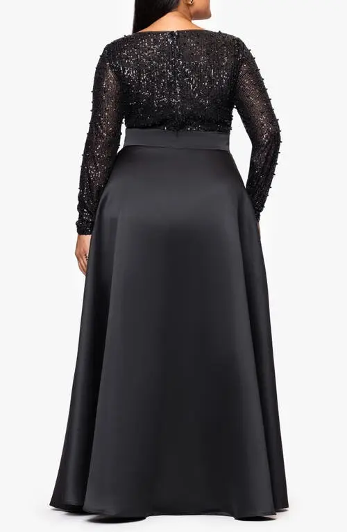 XSCAPE EVENINGS Sequin Bodice Long Sleeve Gown