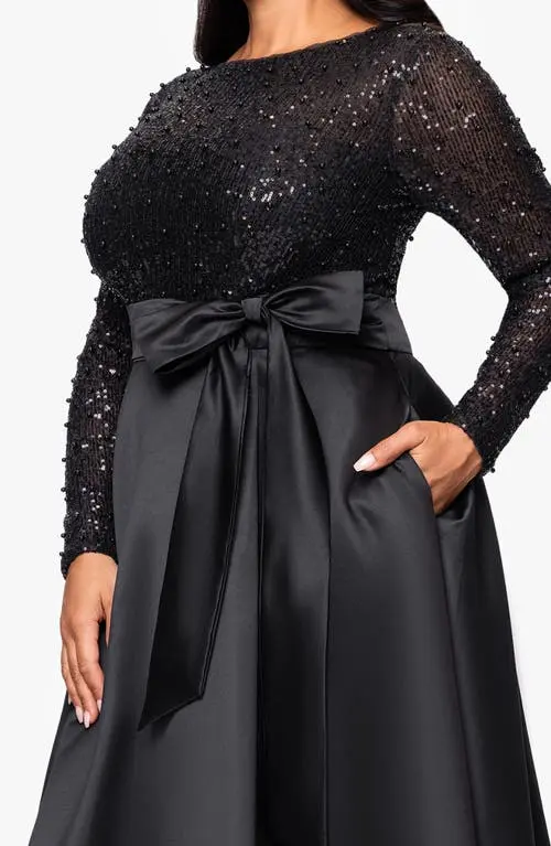 XSCAPE EVENINGS Sequin Bodice Long Sleeve Gown