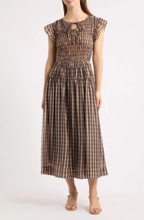 Moon River Smocked Tie Front Midi Dress