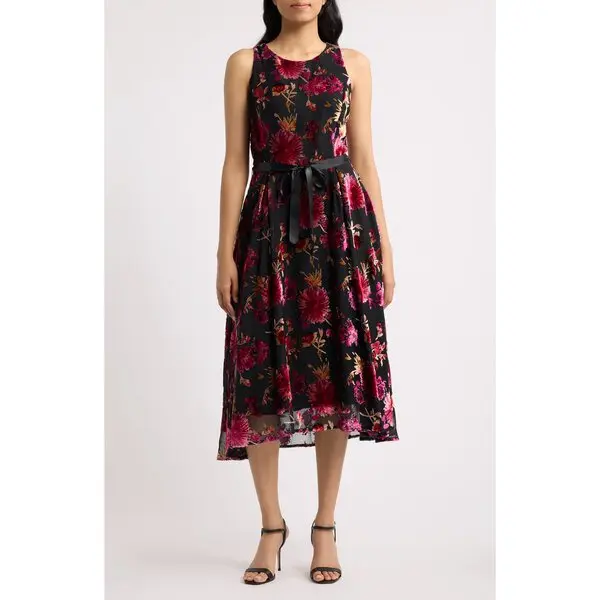 TAHARI ASL Tie Waist Burnout High/low Midi Dress - Black Multi
