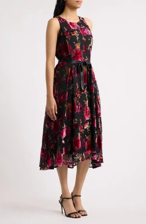 TAHARI ASL Tie Waist Burnout High/low Midi Dress