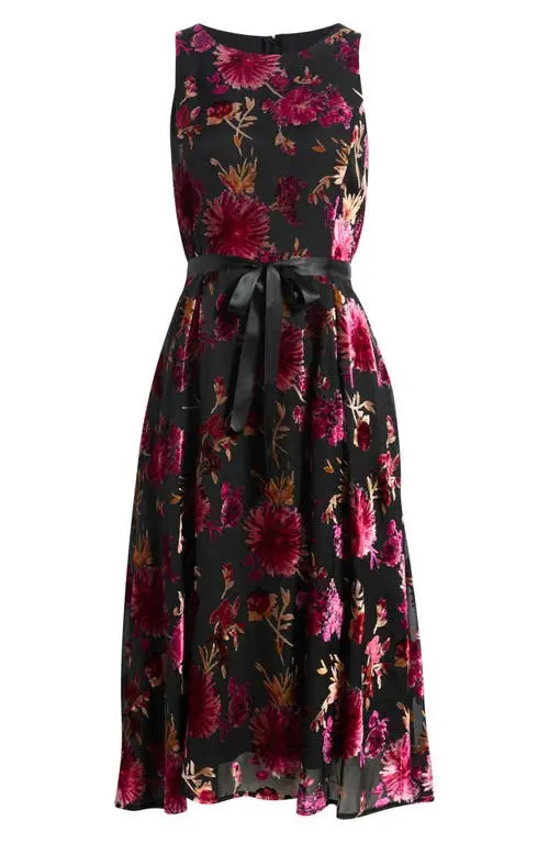 TAHARI ASL Tie Waist Burnout High/low Midi Dress