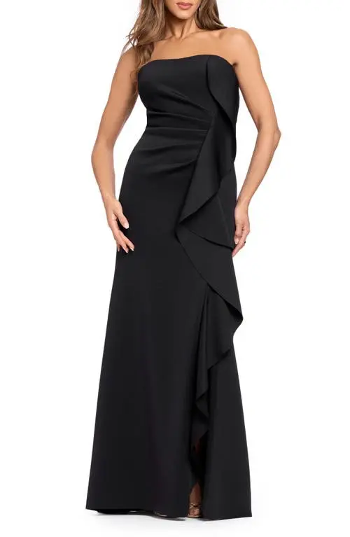 XSCAPE EVENINGS Ruffle Strapless Scuba Crepe Gown