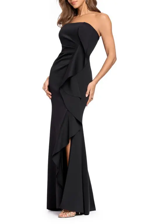 XSCAPE EVENINGS Ruffle Strapless Scuba Crepe Gown