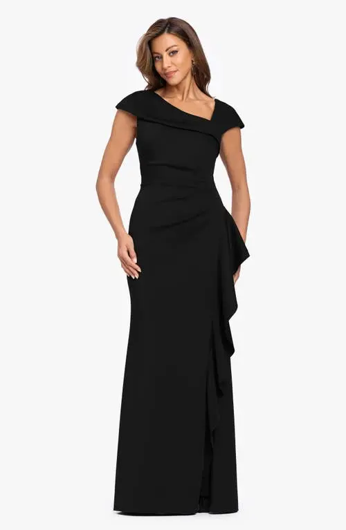 XSCAPE EVENINGS Asymmetric Neck Scuba Knit Trumpet Gown - Black