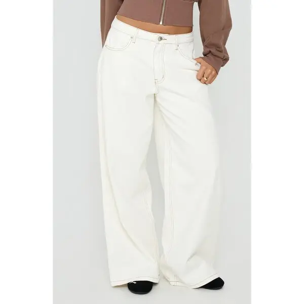 Princess Polly Naylor Mid Rise Wide Leg Jeans - Cream