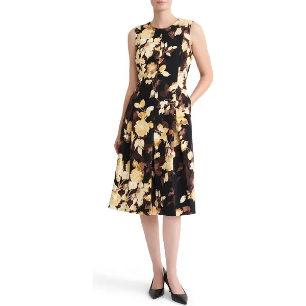 KASPER Princess Seam Box Pleat Midi Dress - Black Multi