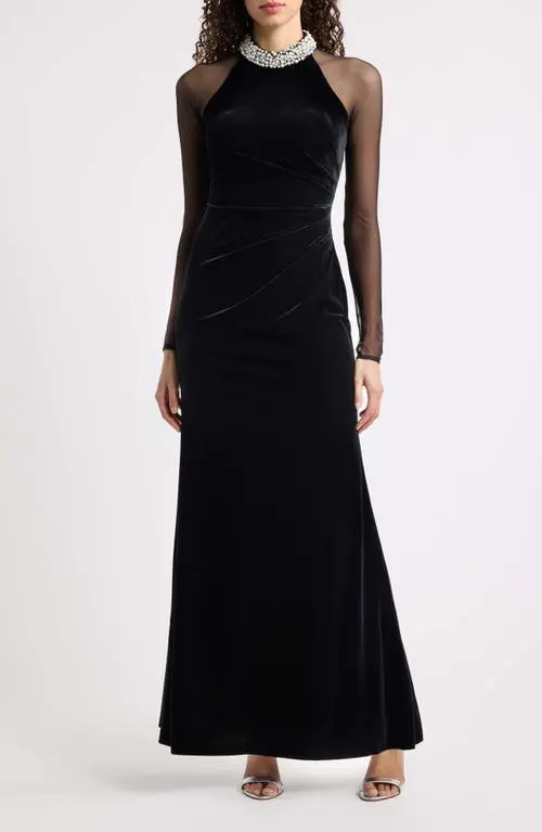 Eliza J Long Sleeve Stretch Velvet & Mesh Column Gown - Black