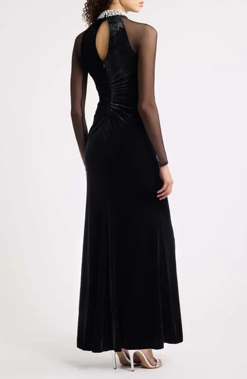 Eliza J Long Sleeve Stretch Velvet & Mesh Column Gown