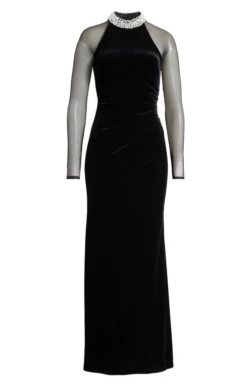 Eliza J Long Sleeve Stretch Velvet & Mesh Column Gown