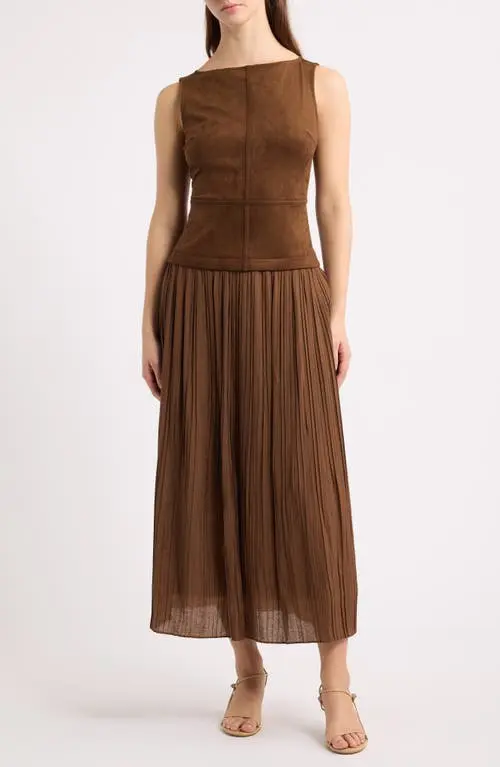 Moon River Sleeveless Faux Suede Mixed Media Midi Dress