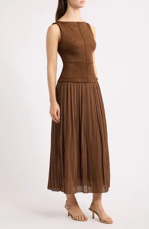 Moon River Sleeveless Faux Suede Mixed Media Midi Dress