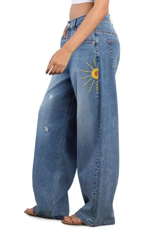 BILLY T Hello Sunshine Star Embroidered High Waist Wide Leg Jeans