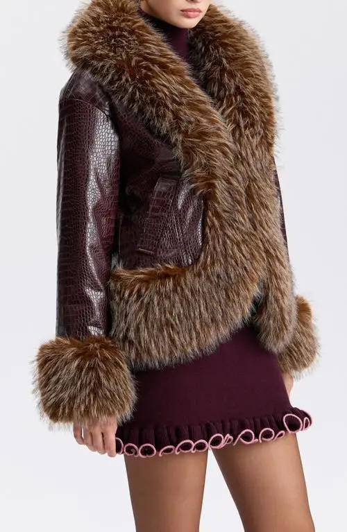 Avec Les Filles Croc Embossed Faux Leather Coat With Faux Fur Trim