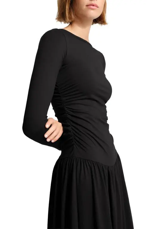 MARCELLA Lumi Ruched Drop Waist Midi Dress