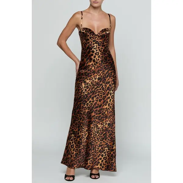 L'AGENCE Sayla Bias Cut Silk Maxi Dress - Tan Multi Javan Leopard