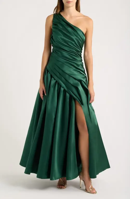 HUTCH Lisa Ruched One-shoulder Matte Satin Gown