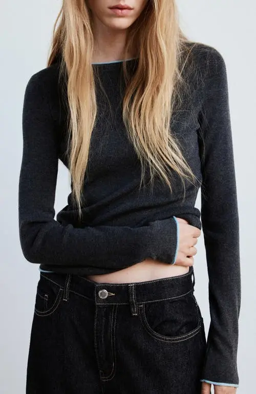 Mango Contrast Trim Crewneck Sweater - Grey